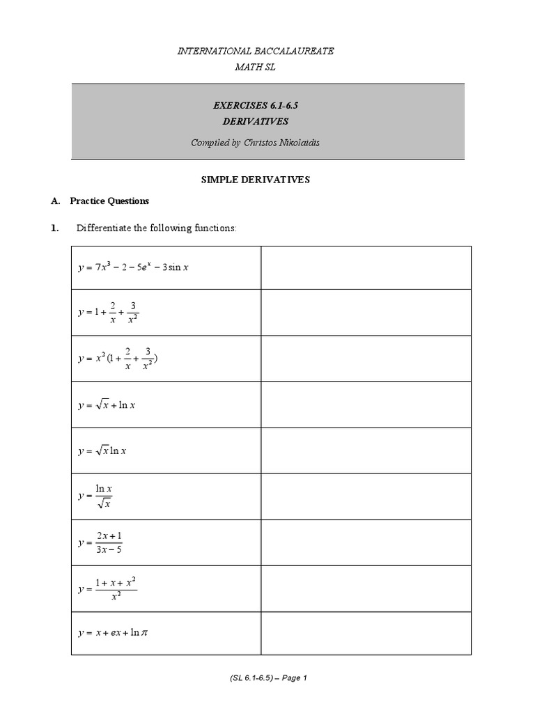 Differentiate The Following Functions:: Simple Derivatives A. Practice ...