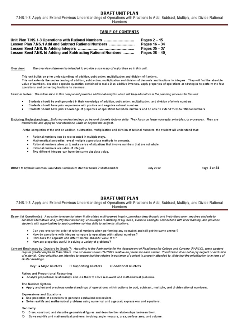 Common Math Lesson MD - Unit Plan - ALL - 7 NS 1-3 Operations With ...