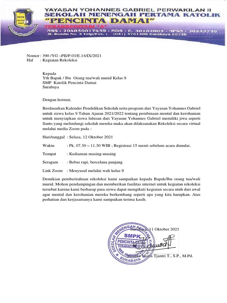 Rekoleksi Virtual Kelas 9 SMPK Pencinta Damai | PDF