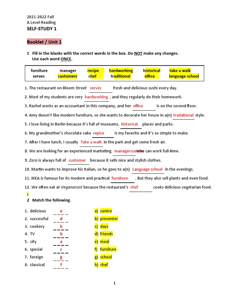Self-Study 1 Booklet / Unit 1 | Download Free PDF | Restaurants | Linguistics