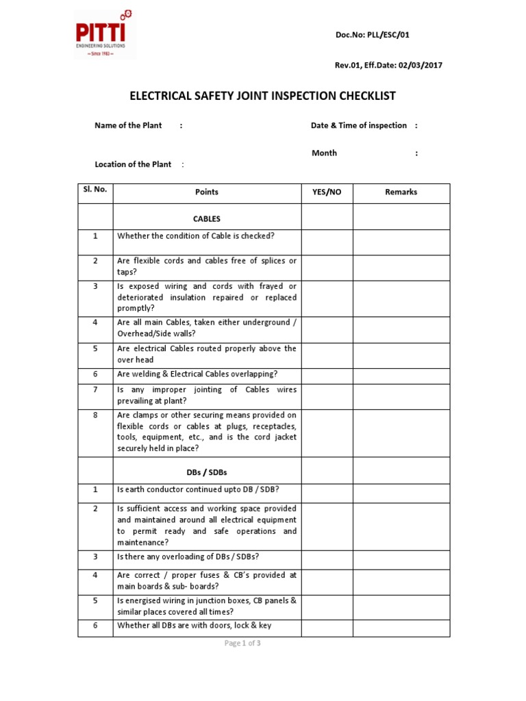 Electrical Safety Inspection Checklist | PDF | Electrical Wiring ...
