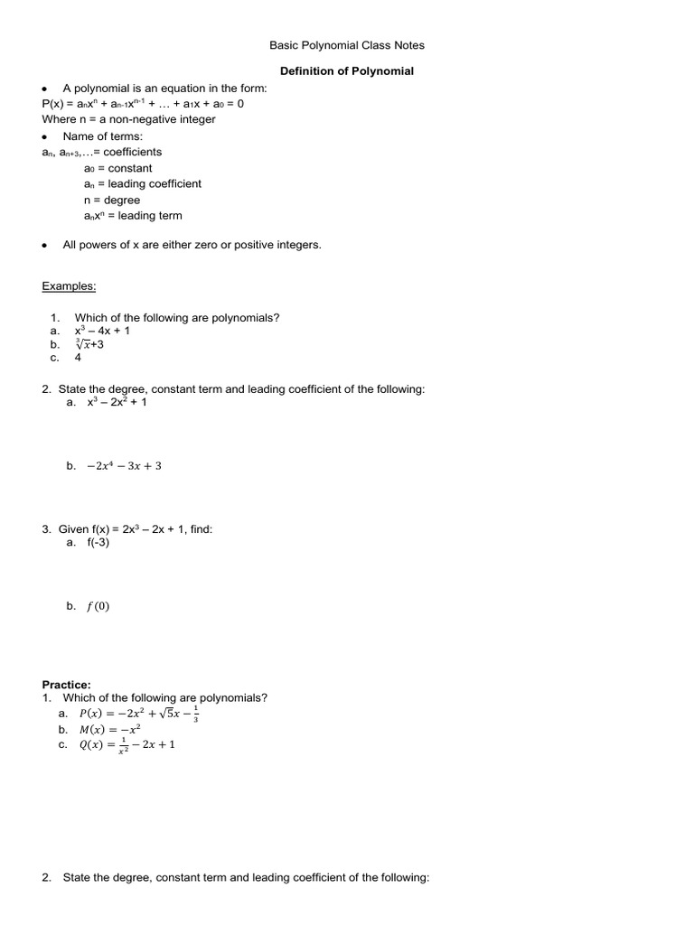 Basic Polynomial Class Notes | PDF | Polynomial | Abstract Algebra