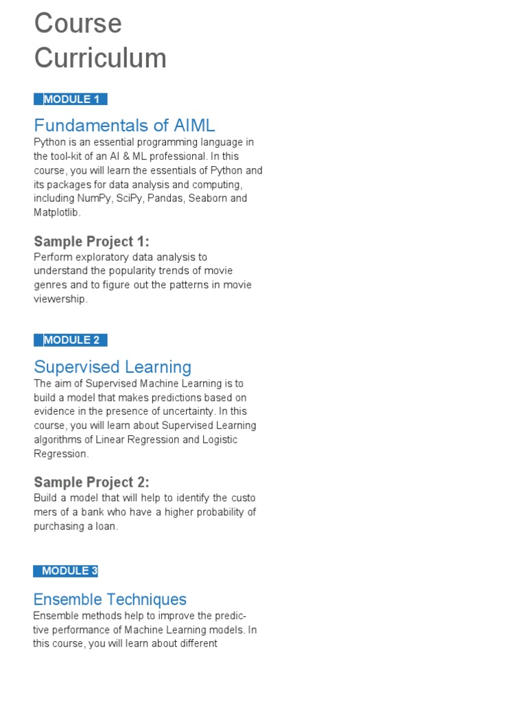 AIML Course Curriculum Modules Python ML Projects | PDF | Machine ...