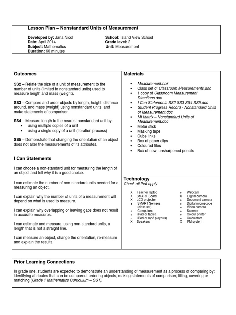 Nonstandard Measurement Lesson Plan for Grade 1 | PDF | Classroom ...