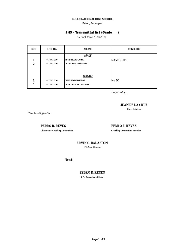 Bulan, Sorsogon JHS - Transmittal List (Grade - ) School Year 2020-2021 ...