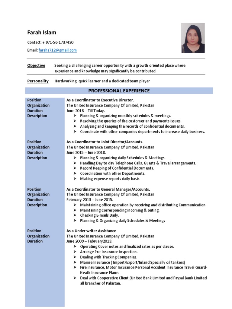 Farah Islam: Professional Experience | PDF | Insurance | Pakistan