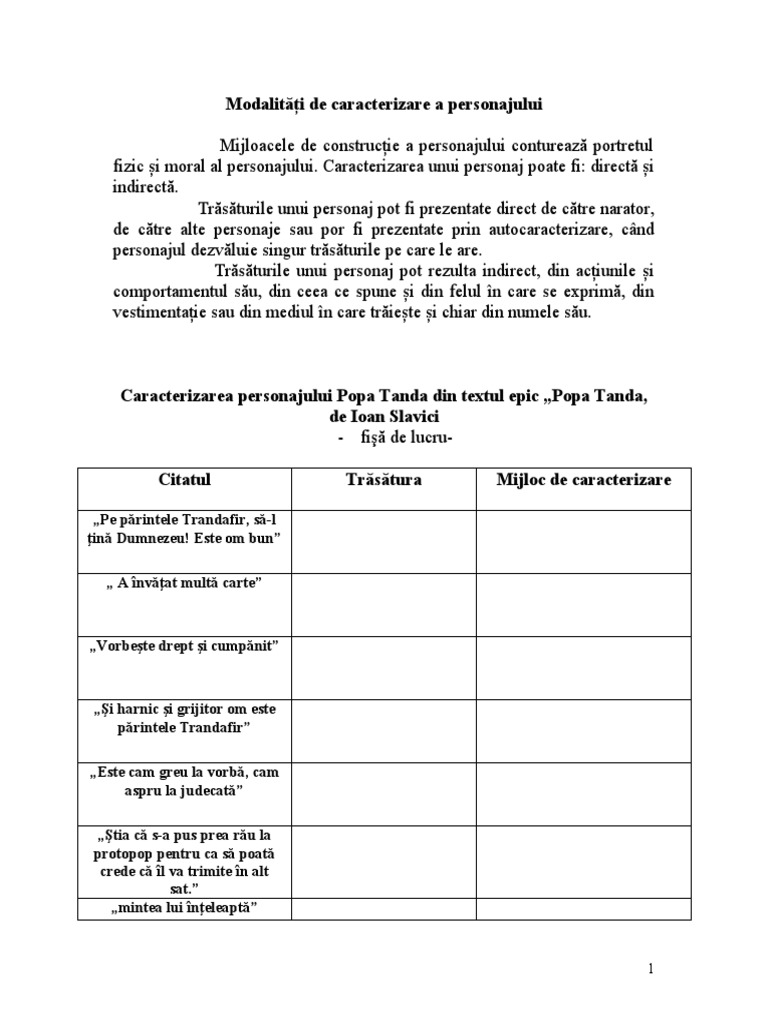 Caracterizare - Popa Tanda | PDF