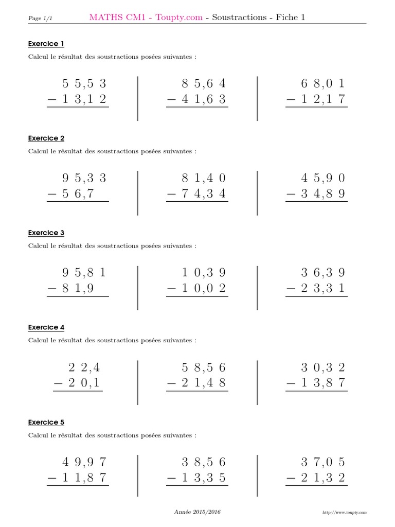 Soustraction CM1 : Exercices et Évaluations | PDF | Méthodes et ...