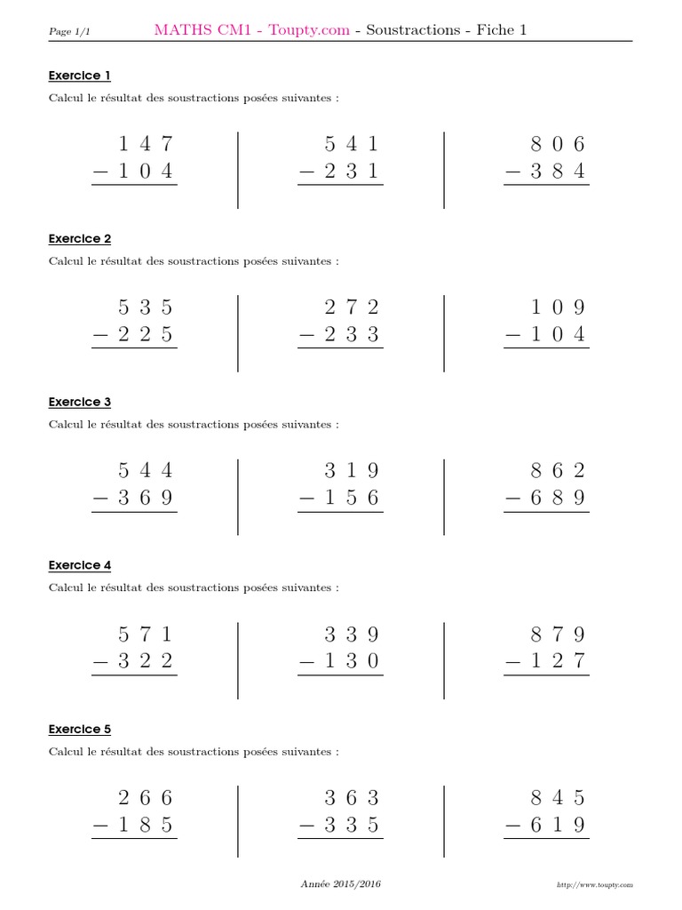 Exercices de Soustraction CM1 - Toupty | PDF