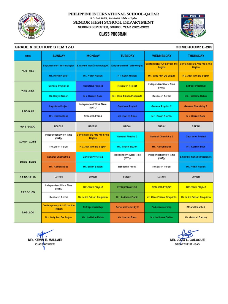 STEM 12D - Class Program Only - SEM2 - 2021 2022 Copy 1 | PDF