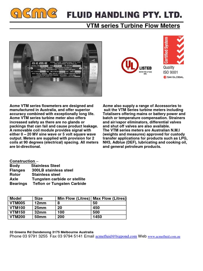 VTM Series Turbine Flow Meters: 32 Greens RD Dandenong 3175 Melbourne ...