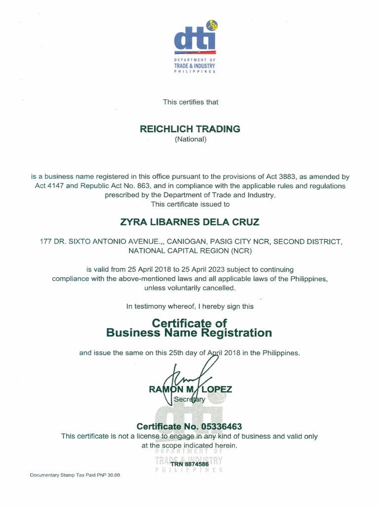 DTI Certificate of Registration | PDF
