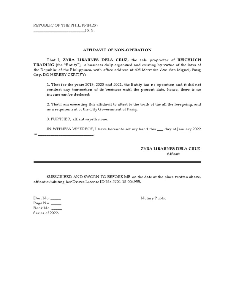 Affidavit of Non-Operation | PDF