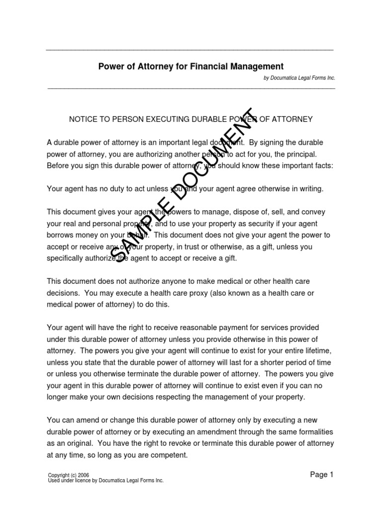 Sample Document: Power of Attorney For Financial Management | PDF ...