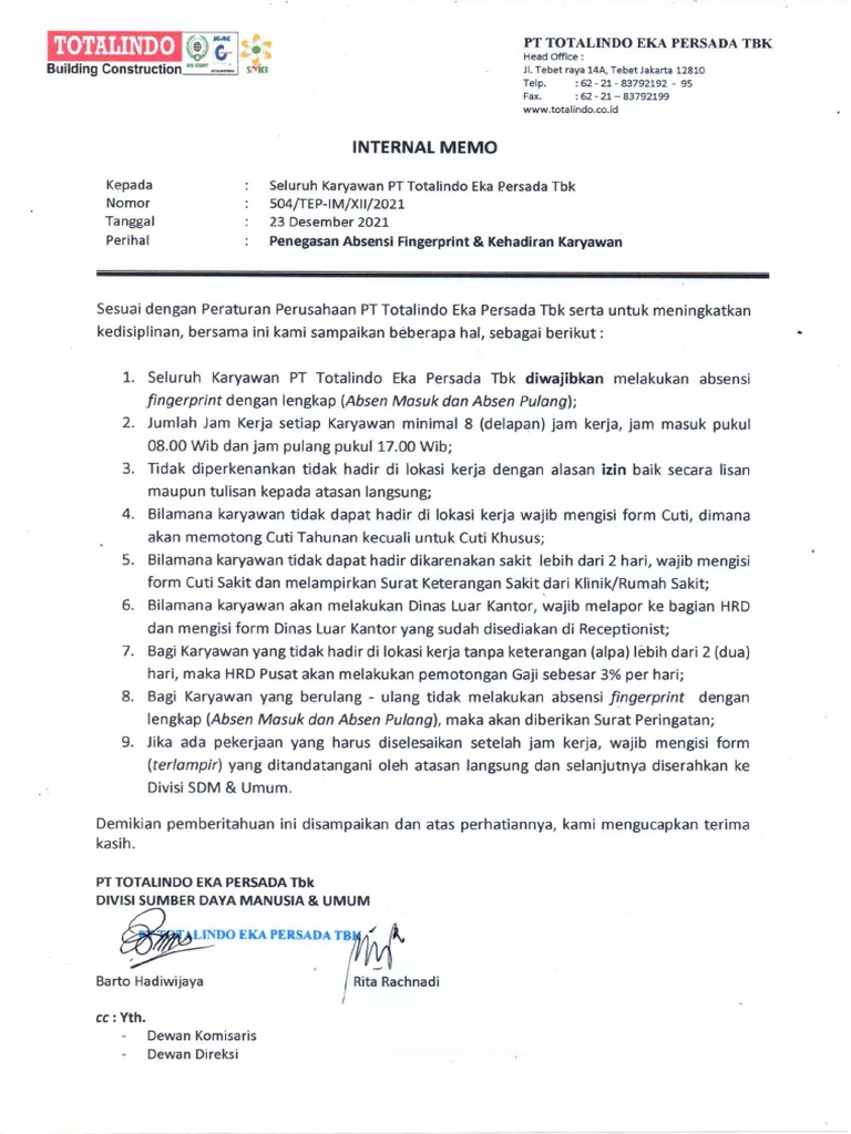 Internal Memo Kedisiplinan Karyawan | PDF