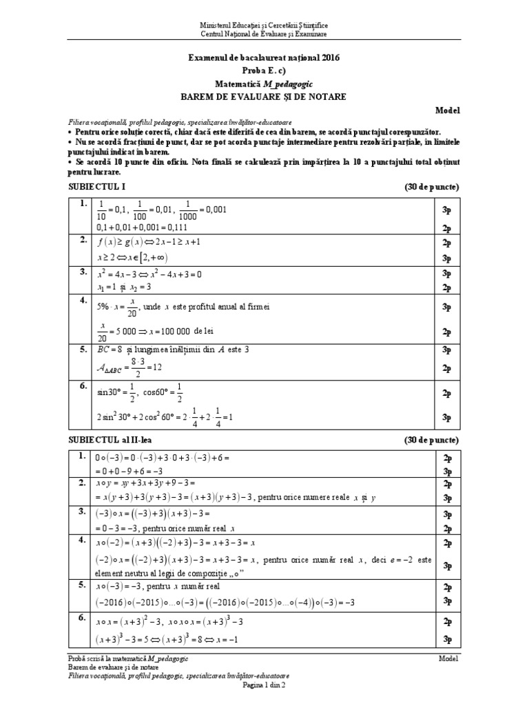 BAREM Model Subiect BAC Matematica Pedagogic 2016 | PDF