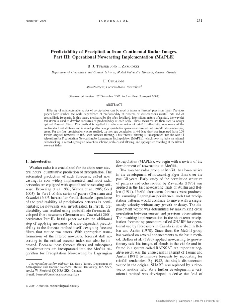 Predictability of Precipitation From Continental Radar Images. Part III ...