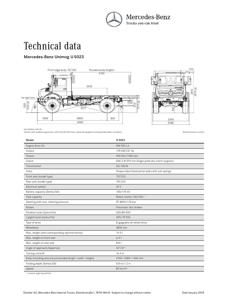 Mercedes-Benz Unimog U5023 Specs | PDF | Motor Vehicle | Wheeled Vehicles
