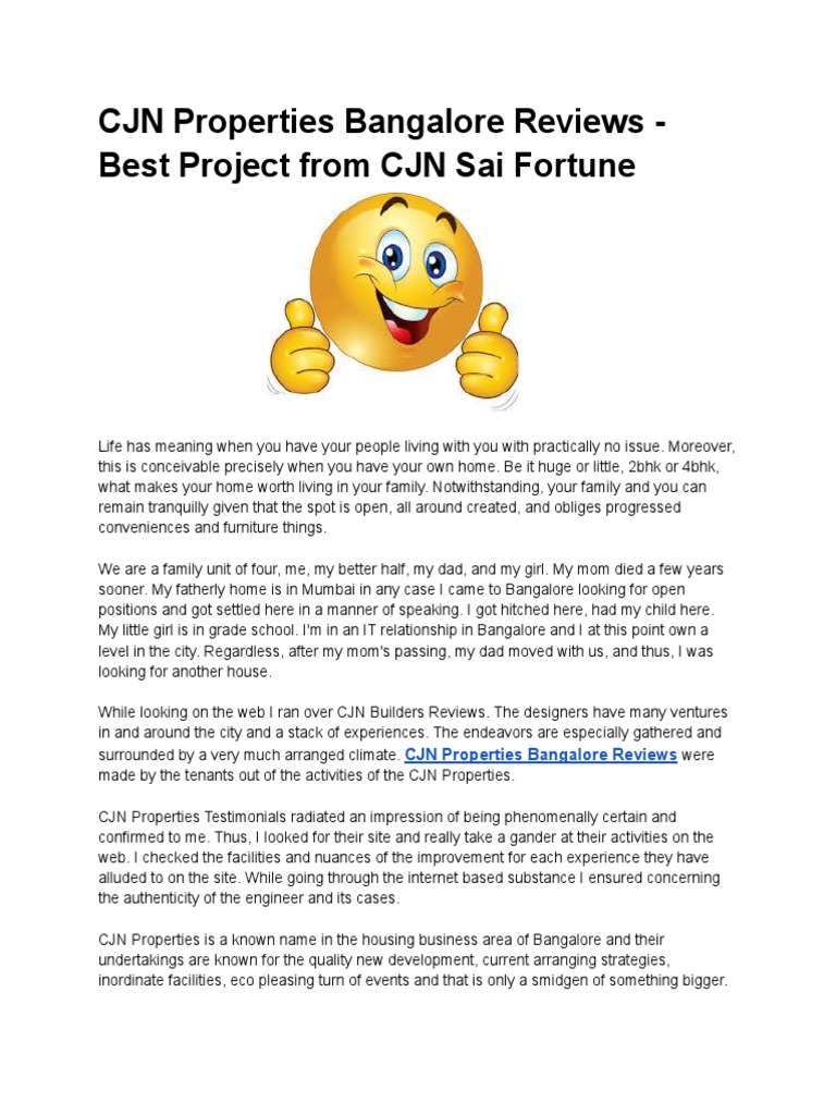 CJN Properties Bangalore Reviews - Best Project From CJN Sai Fortune ...