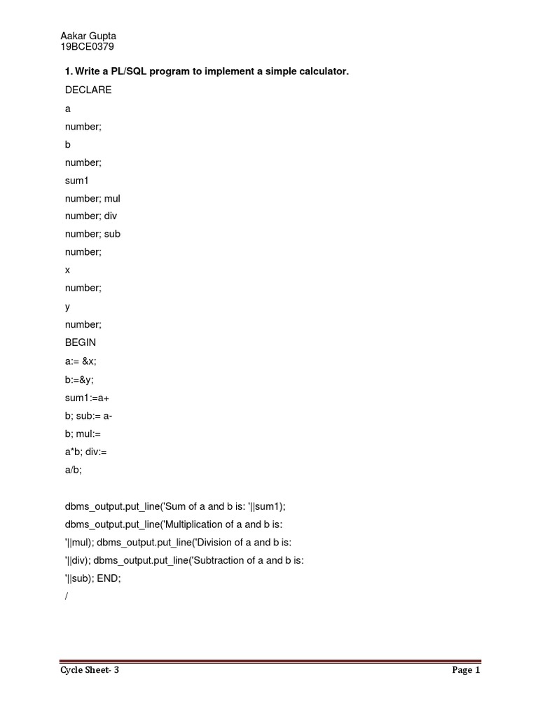 Write A PL/SQL Program To Implement A Simple Calculator | PDF | Pl/Sql ...