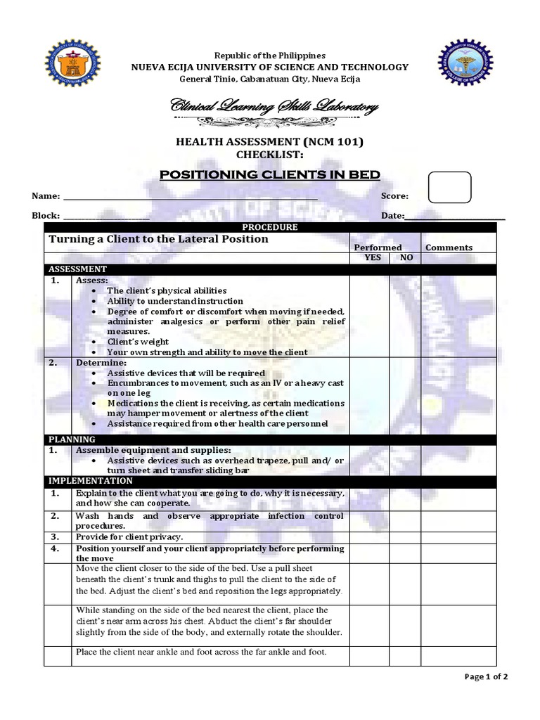 Clinical Skills Checklist for Positioning Clients in Bed and Turning to ...