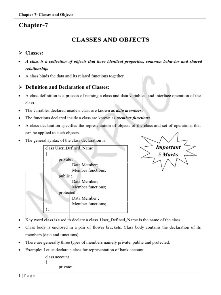 Chapter 7 Classes And Objects Pdf Class Computer Programming