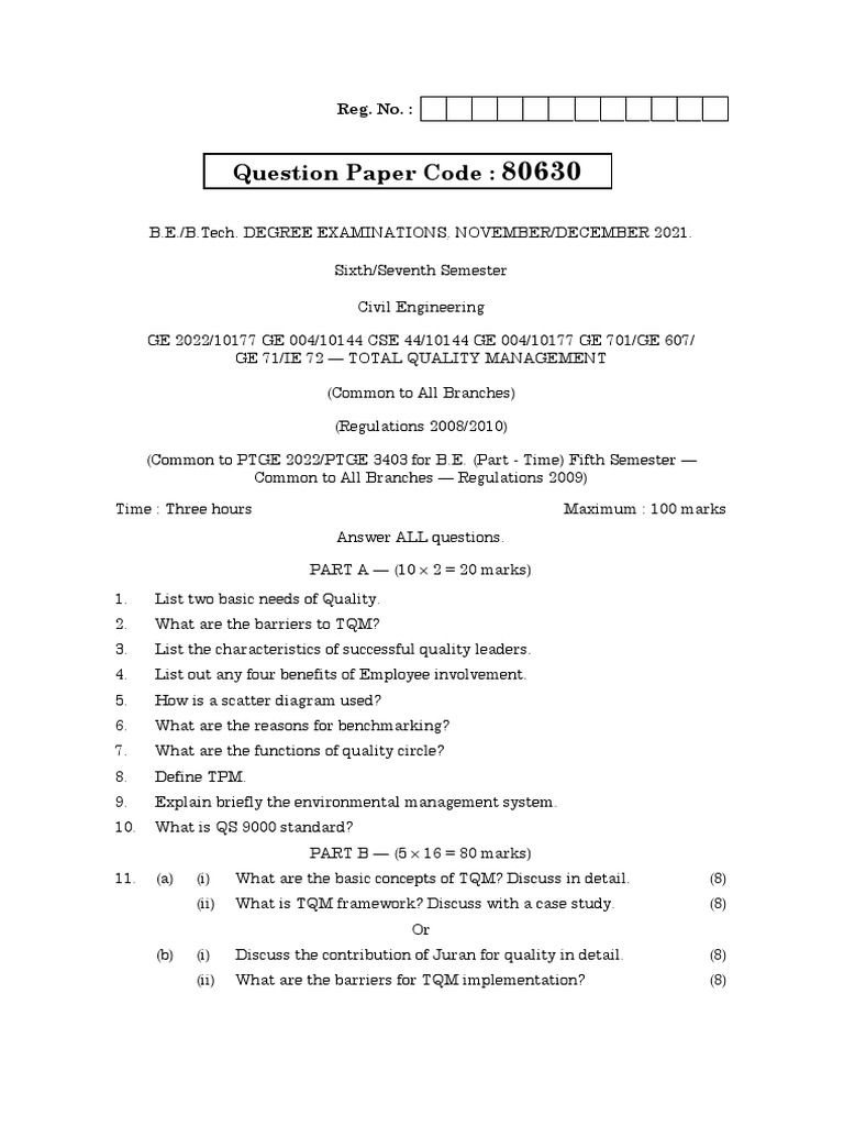 GE2022 TQM Question Paper | PDF | Quality Management System ...