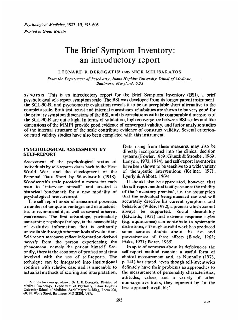 Brief Symptom Inventory Report | PDF | Validity (Statistics) | Anxiety