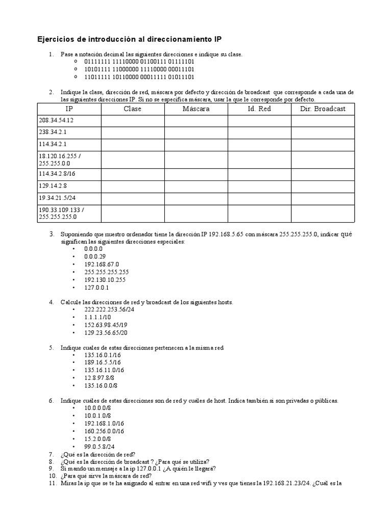 Ejercicios Introduccion IP | PDF | Dirección IP | Protocolos de comunicaciones