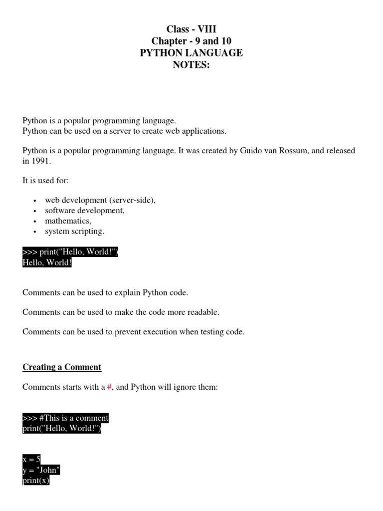 Class - VIII Chapter - 9 and 10 Python Language Notes:: Print ( Class - VIII Chapter - 9 and 10 Python Language Notes:: Print (