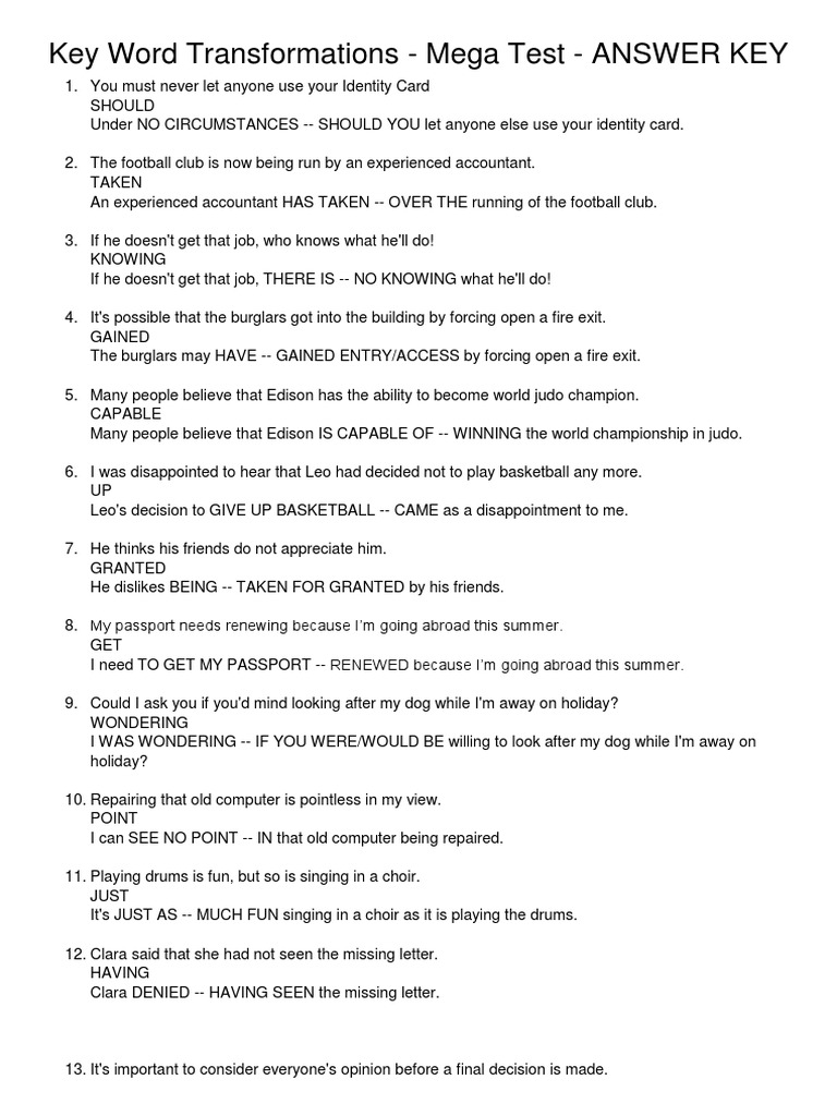 Key Word Transformations Answer Key | PDF | Self-Improvement