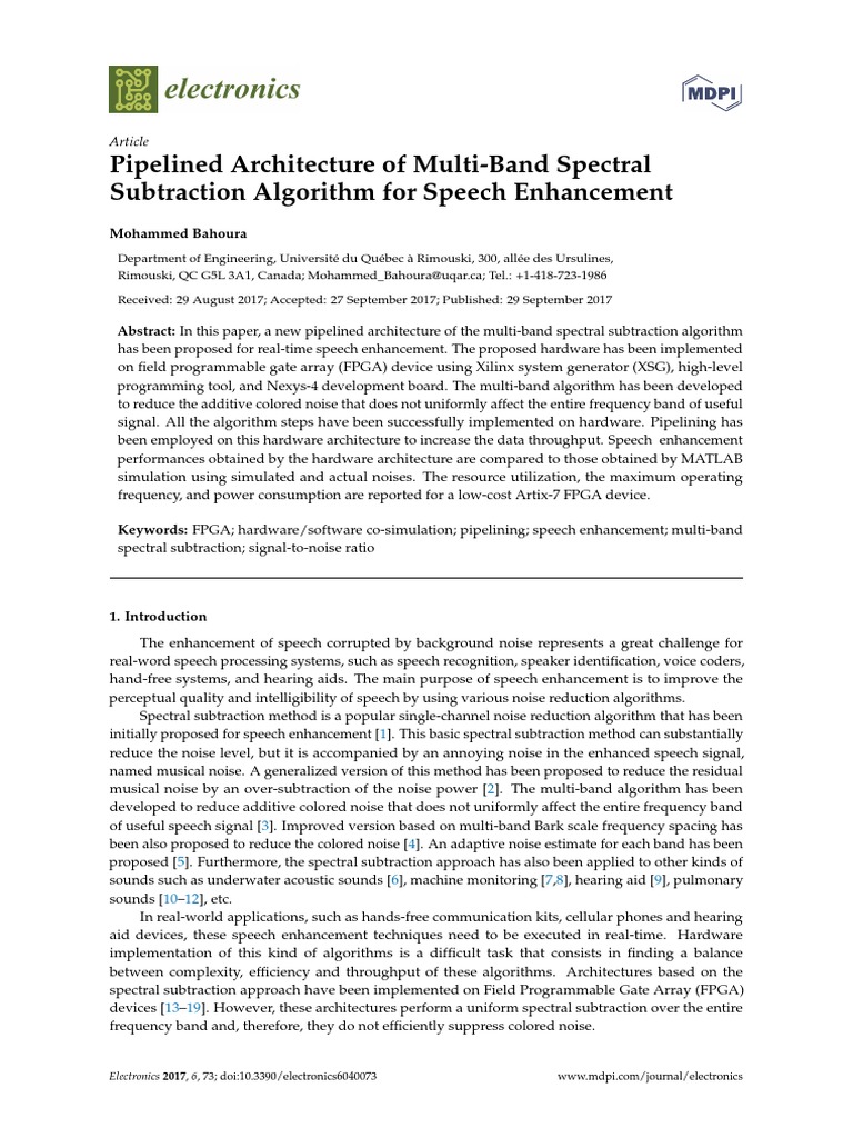 Multi Band Spectral Subtraction Algorithm For Speech Enhancement Pdf Spectral Density