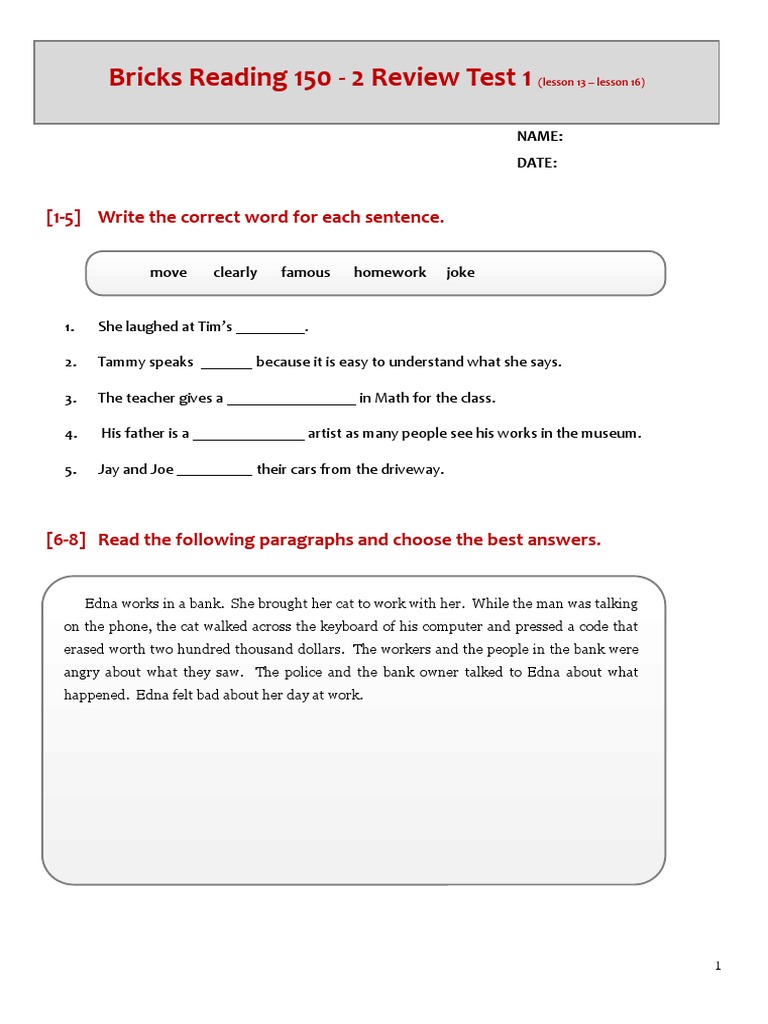 Bricks Reading 150 - 2 Review Test 1: (1-5) Write The Correct Word For ...