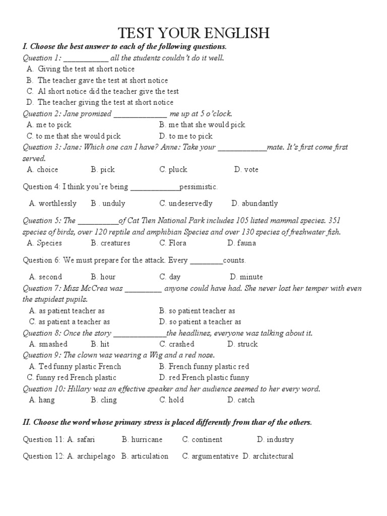 Test Your English: I. Choose The Best Answer To Each of The Following ...