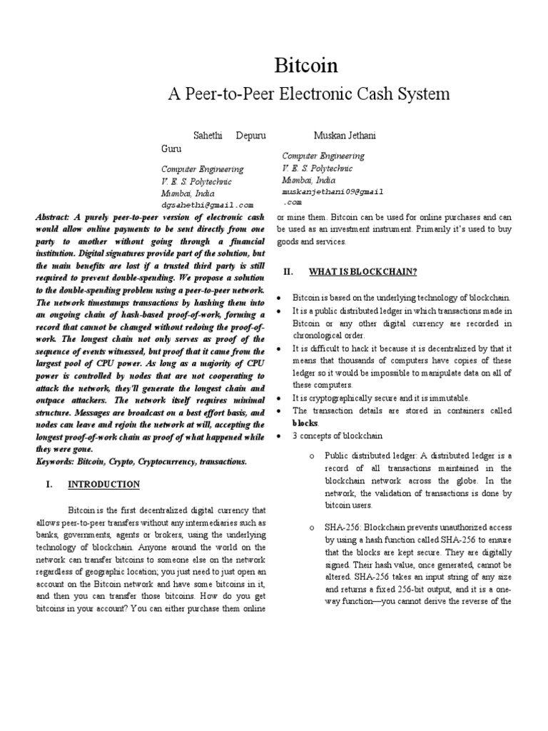 Bitcoin: A Peer-to-Peer Electronic Cash System | PDF | Public Key ...
