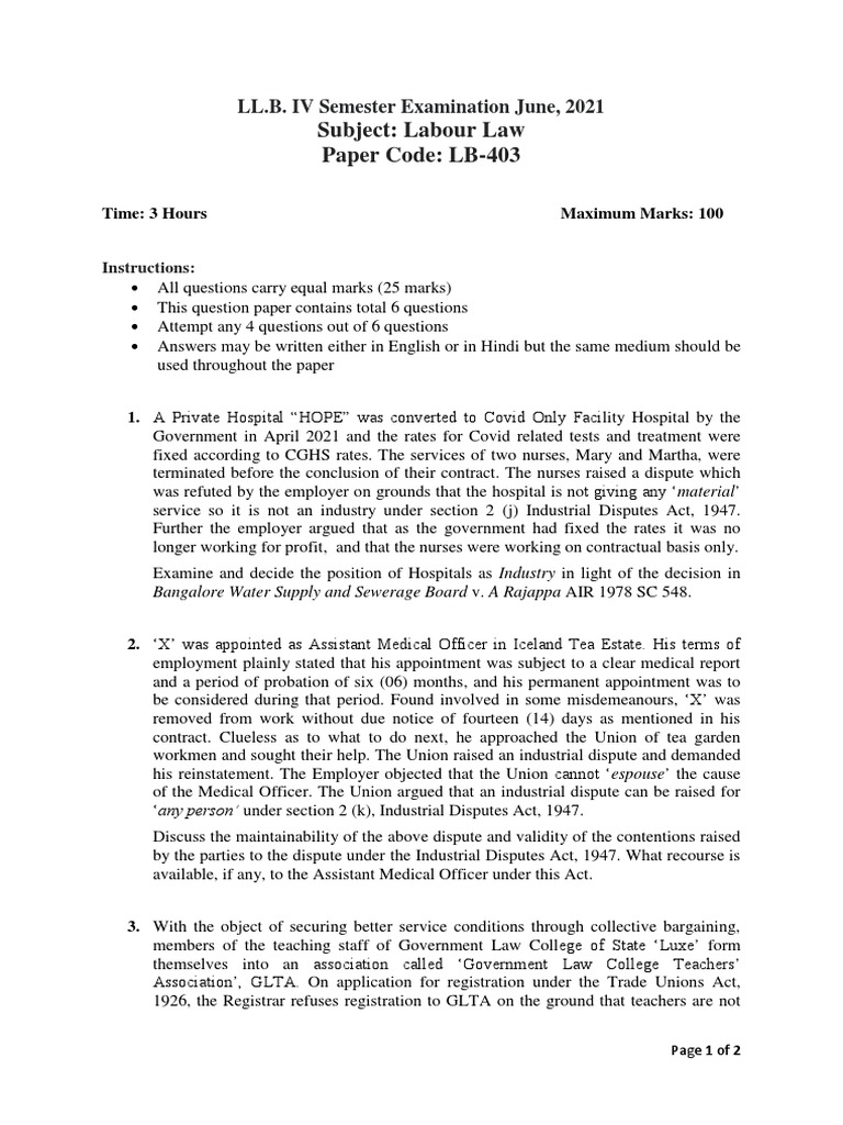 Subject Labour Law Paper Code Lb 403 Ll B Iv Semester Examination