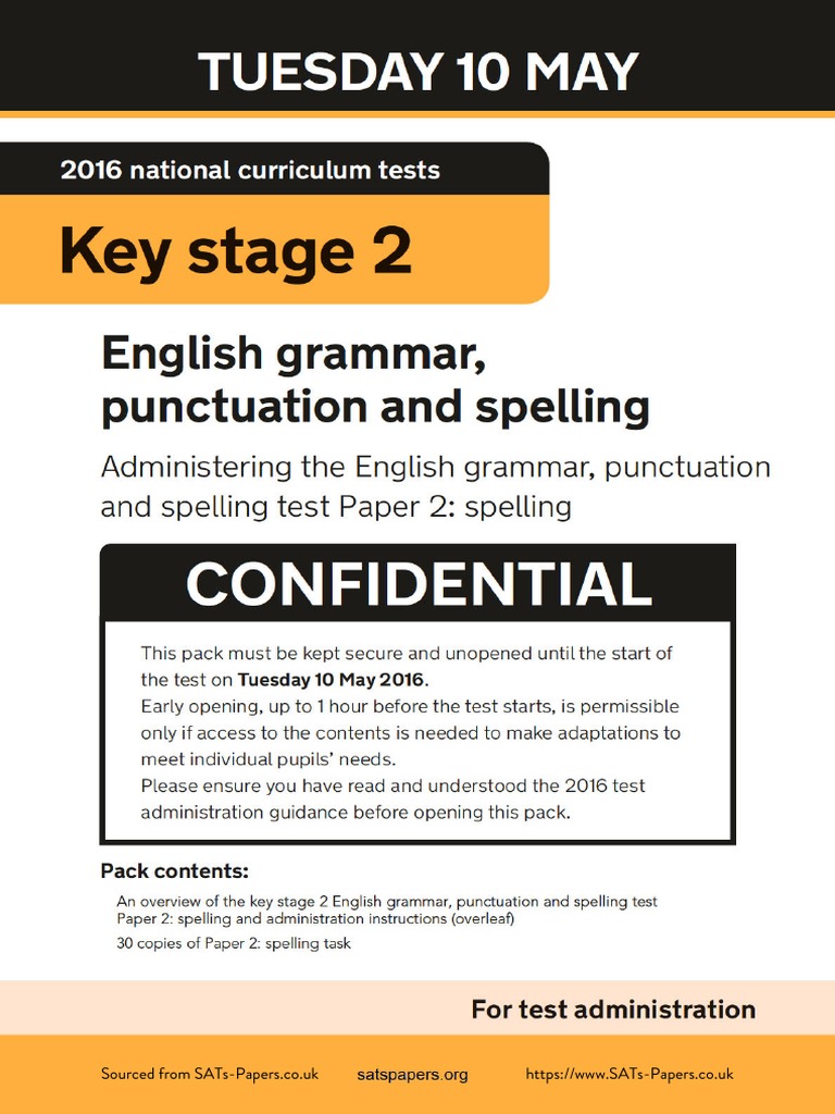 ks2 English 2016 Grammar Punctuation Spelling Paper 2 Spelling Teachers ...