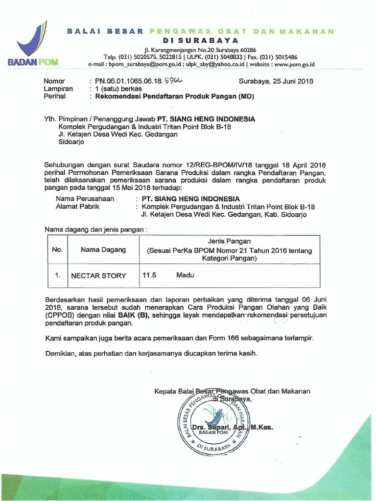 Surat Rekomendasi BPOM Surabaya | PDF