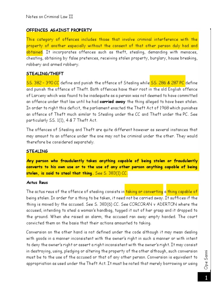 Notes On Criminal Law II | PDF | Theft | Robbery