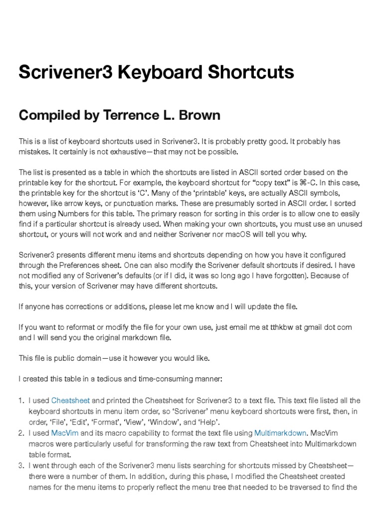 Scrivener. Shortcuts | PDF | Keyboard Shortcut | Computer Keyboard