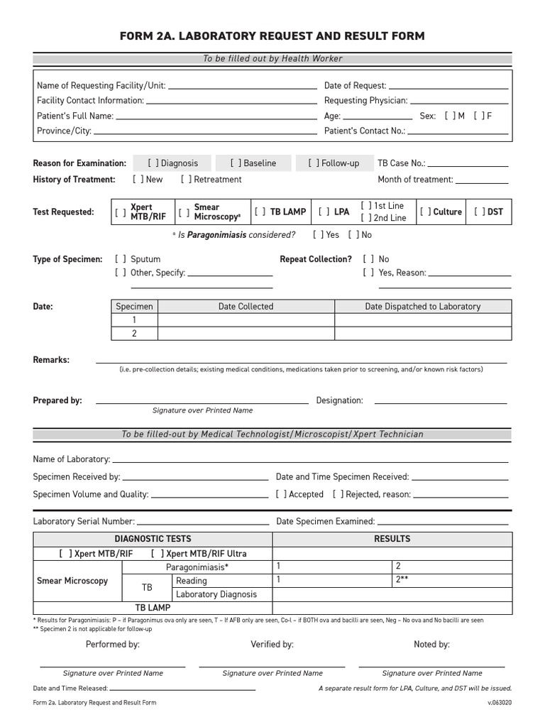Form 2A. Laboratory Request and Result Form: To Be Filled Out by Health Worker | PDF ...