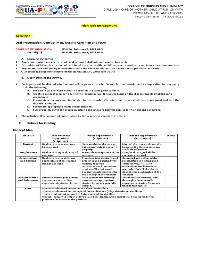 High Risk Intrapartum Activity 1: Oral Presentation, Concept Map ...