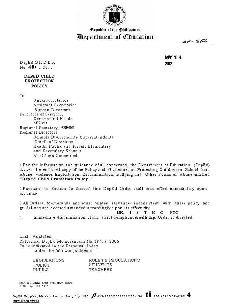 DepEd Child Protection Policy Overview | PDF | Violence | Psychological ...
