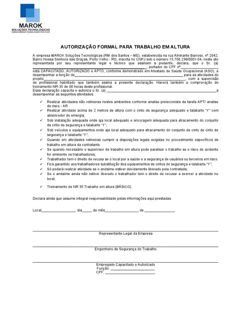 Autorização Formal para Trabalho em Altura | PDF