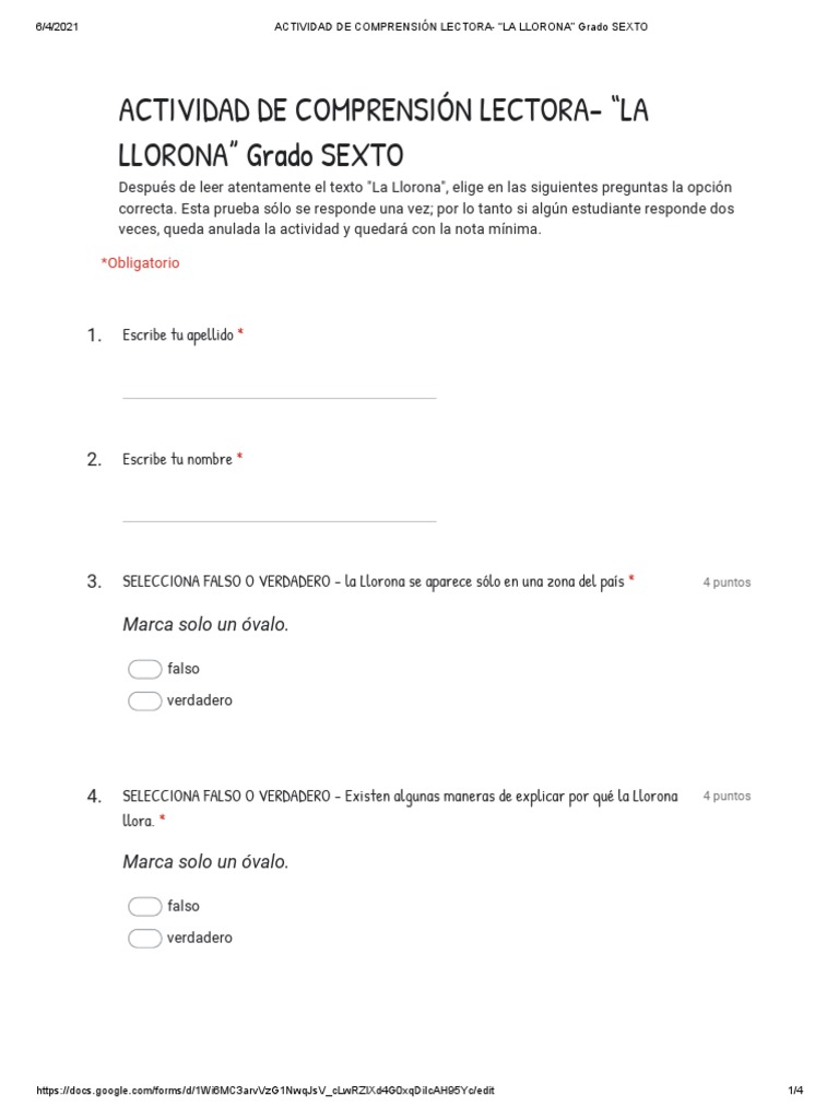 Actividad de Comprensión: La Llorona | PDF