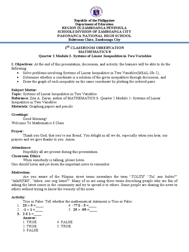 1ST COT MATH 8 Lesson Plan | PDF | Equations | Sodium Hydroxide