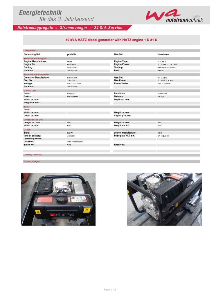 10 kVA HATZ Diesel Generator With HATZ Engine 1 D 81 S: Completion ...