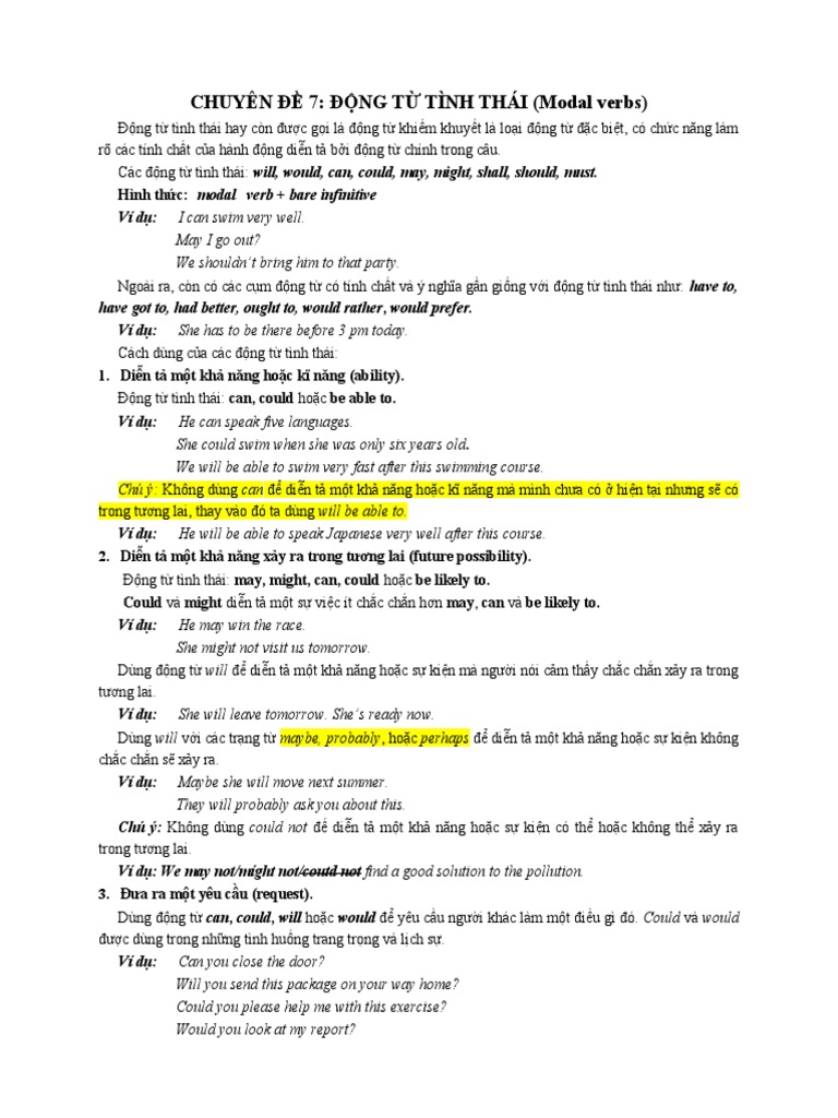 CHUYÊN ĐỀ 7 MODAL VERBS | PDF