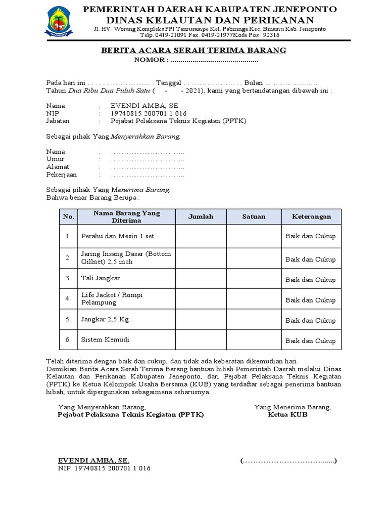 Serah Terima Barang Hibah Jeneponto | PDF