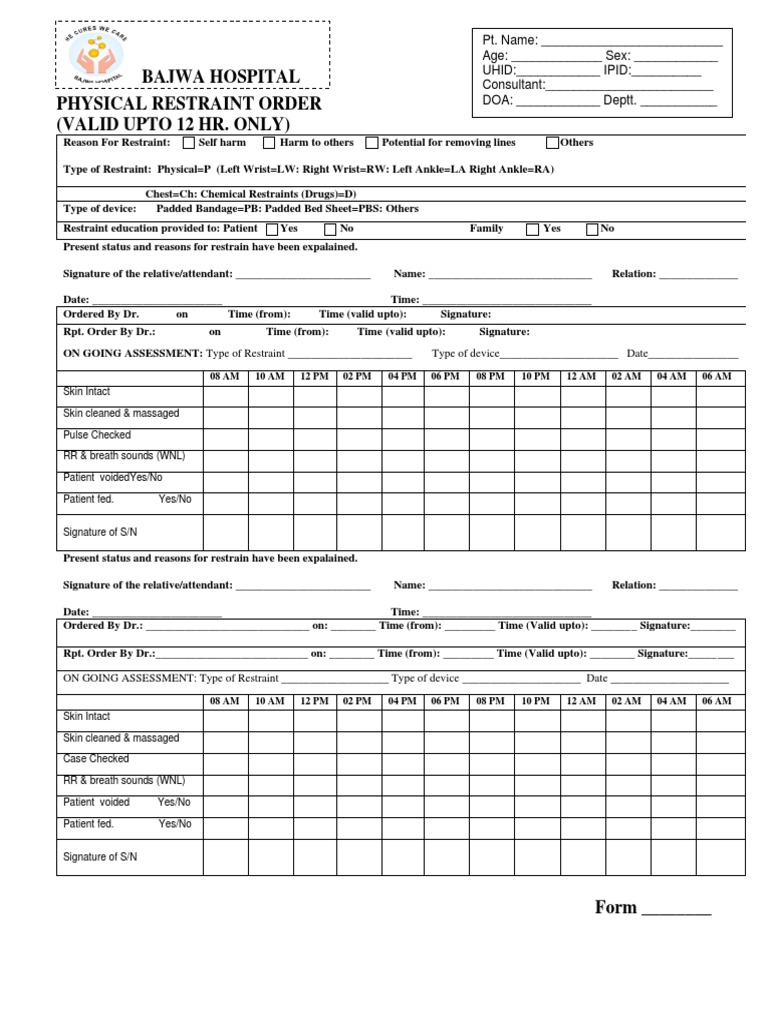 Physical Restraint Monitoring Form | PDF | Medicine | Health Care